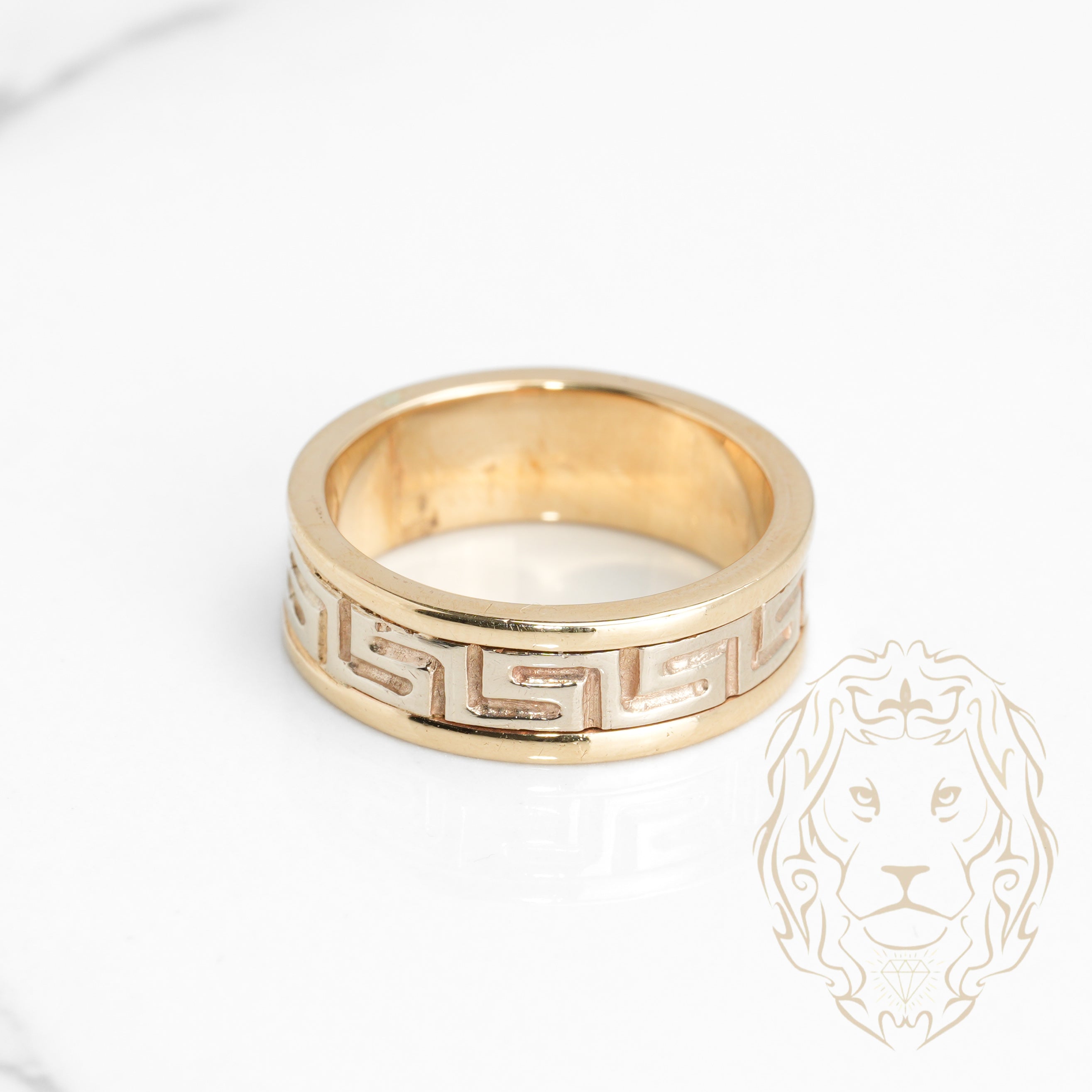 Wedding band ring - 10K two-tone yellow & white gold with Greek key mo ...