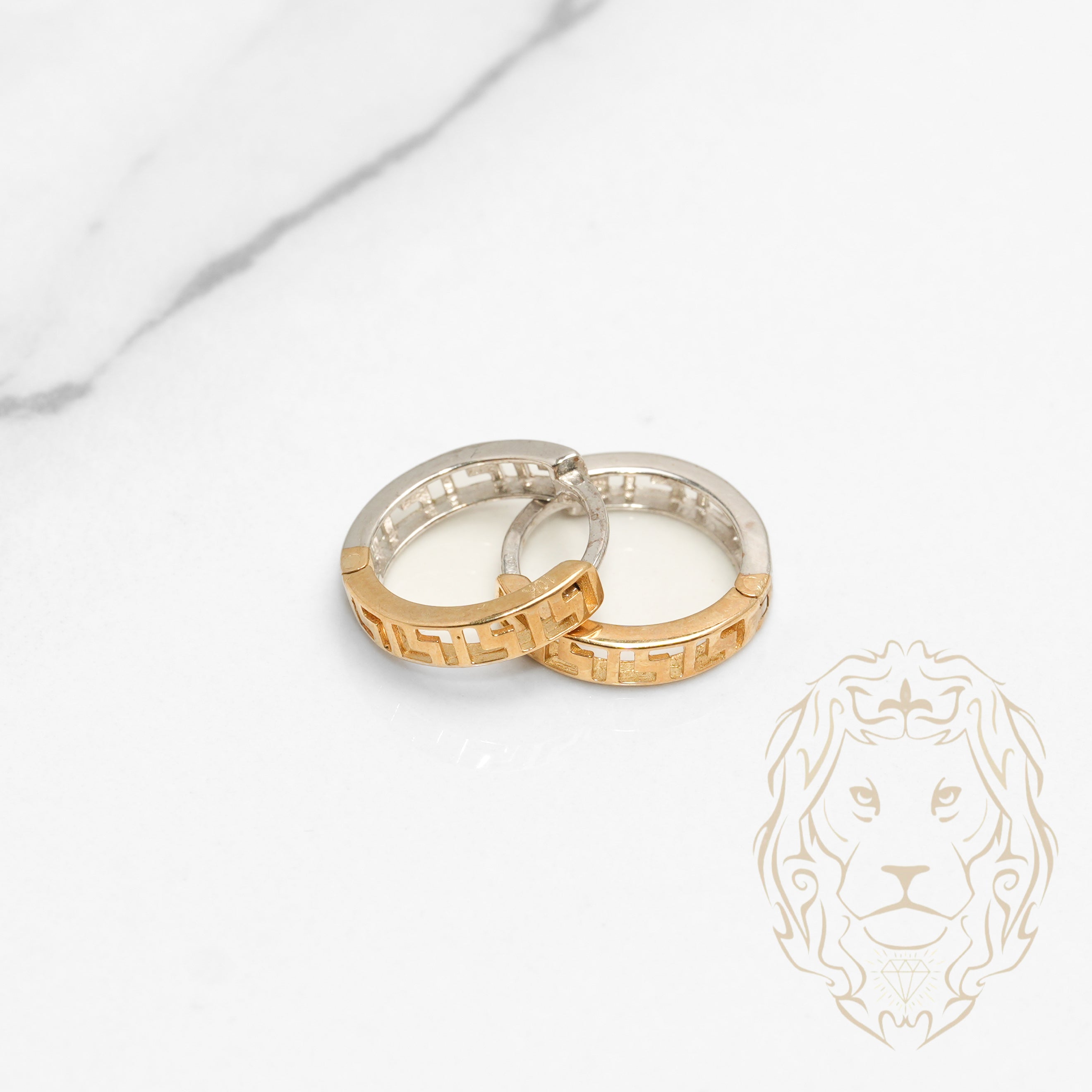 Huggies - 10K gold two-tone yellow & white greek key design 3mm X 9mm ...